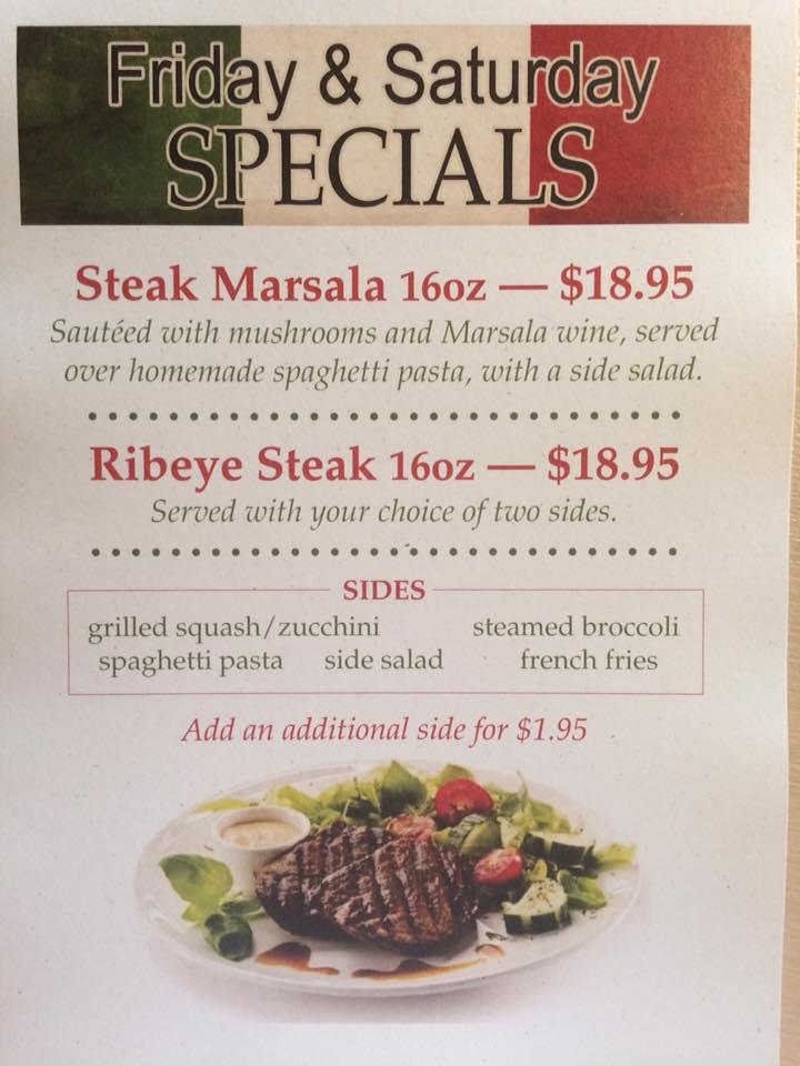 Menu at Francesco's pizzeria, Claremore