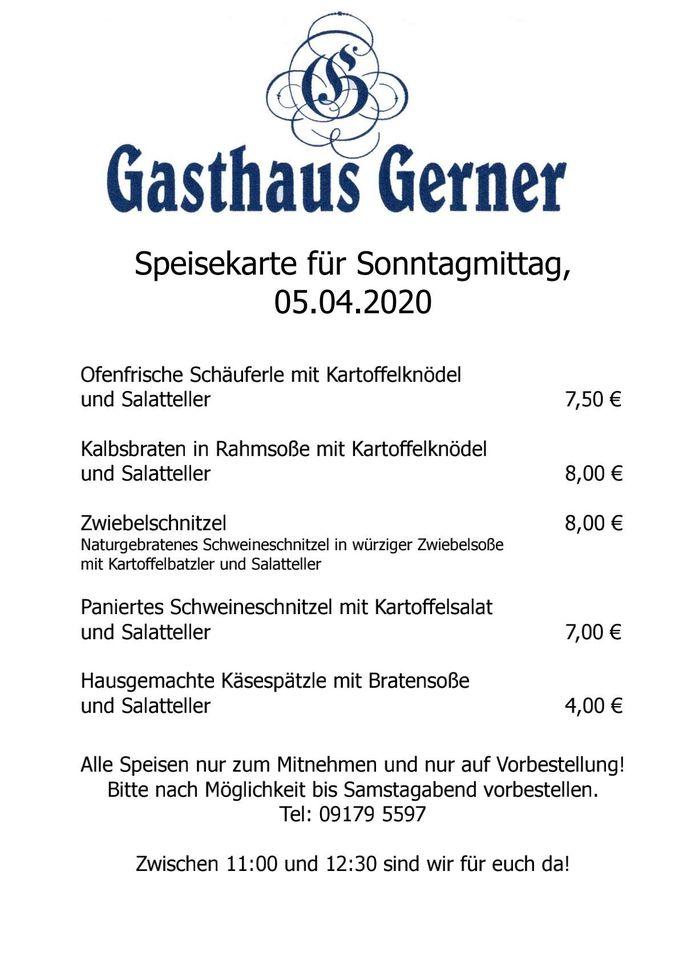 Menu at Gasthaus Gerner restaurant, Freystadt