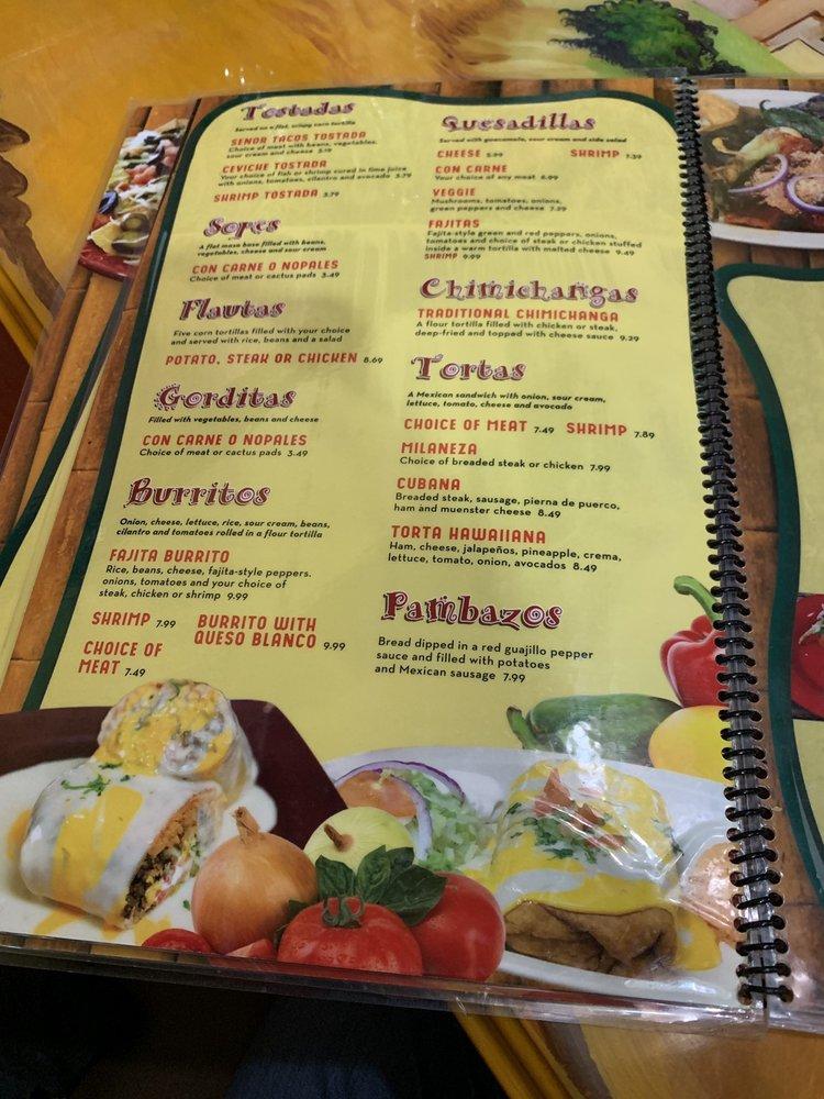 Menu at Señor Tacos restaurant, Lafayette
