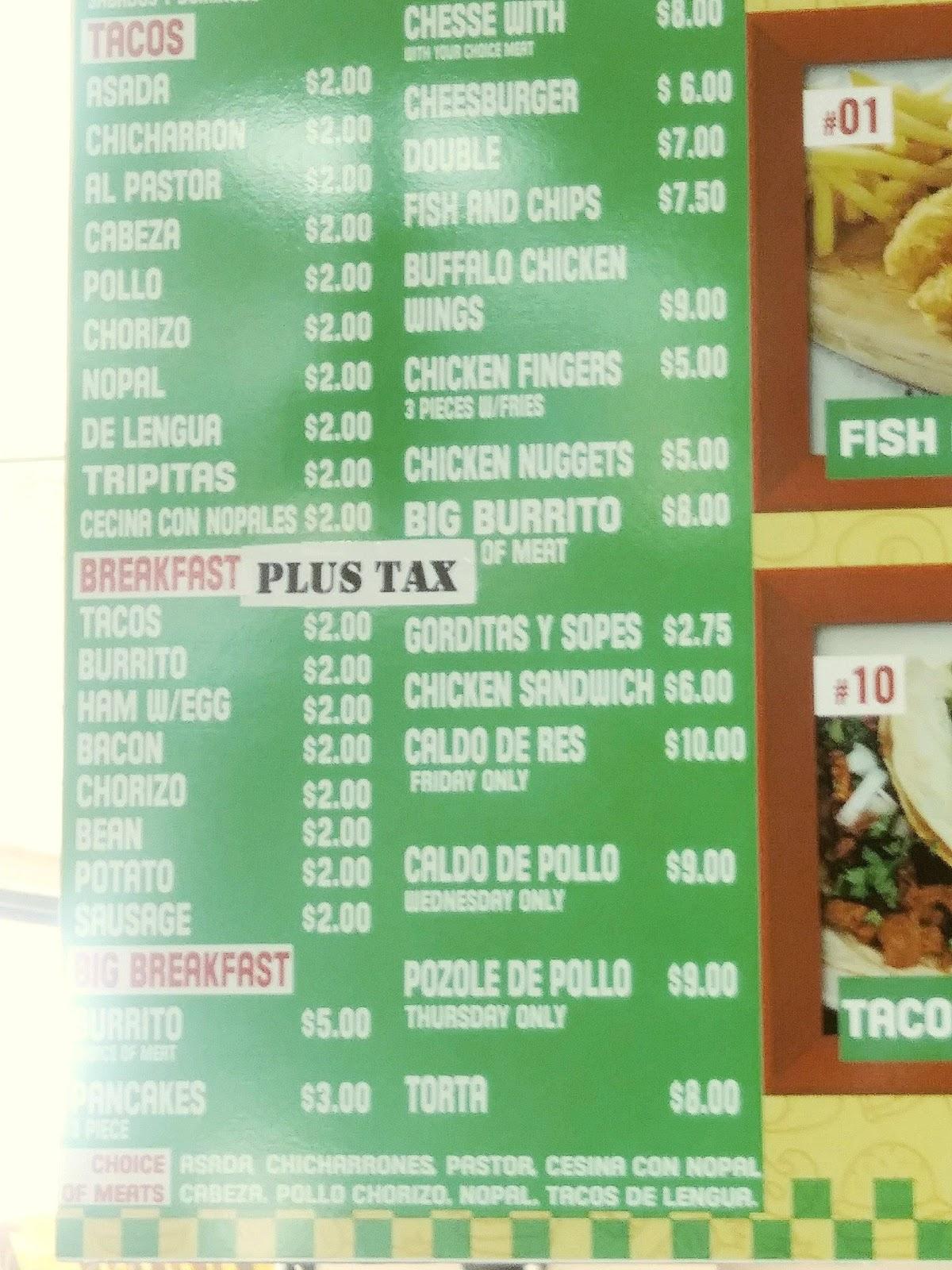 Menu at Taqueria Kristal restaurant, Denton