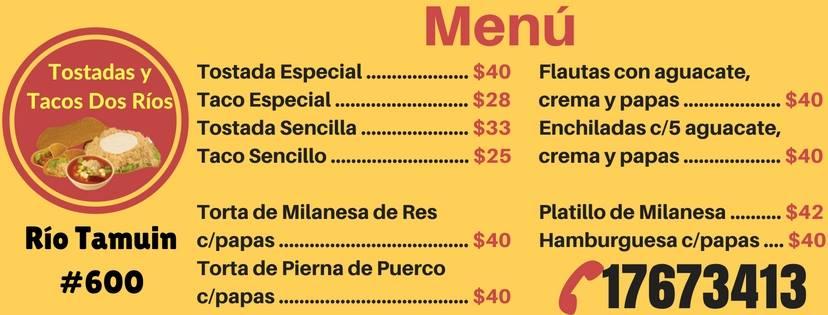 Menu at Tostadas 2 Ríos restaurant, Guadalupe