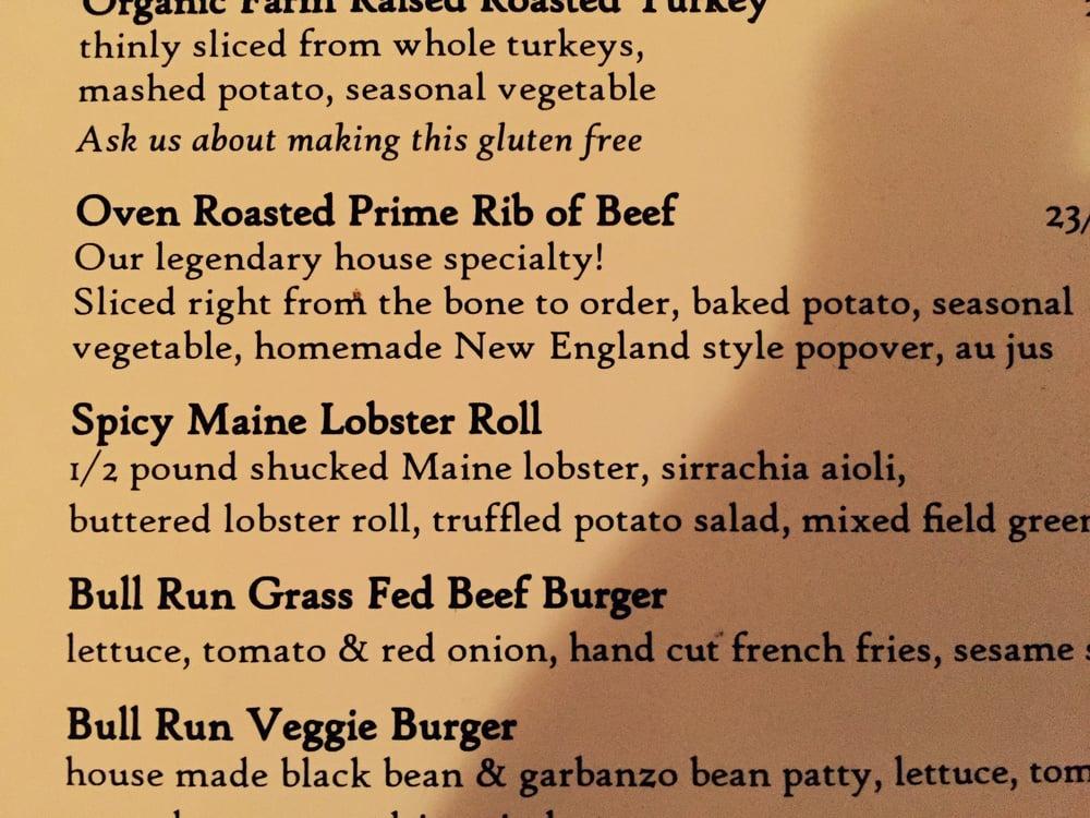 Menu at Bull Run Restaurant, Shirley