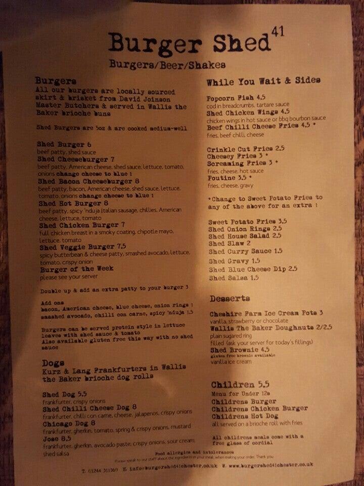Menu at Burger Shed 41 restaurant, Chester