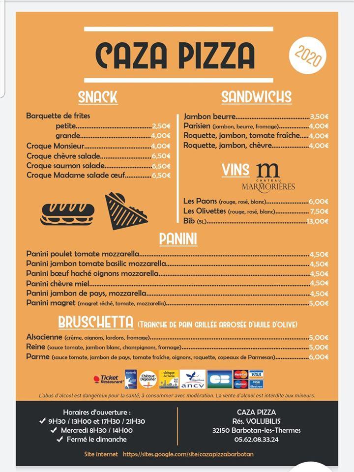 Menu at Caza Pizza restaurant, Cazaubon