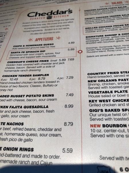 Menu at Cheddar's Scratch Kitchen restaurant, Fort Wayne