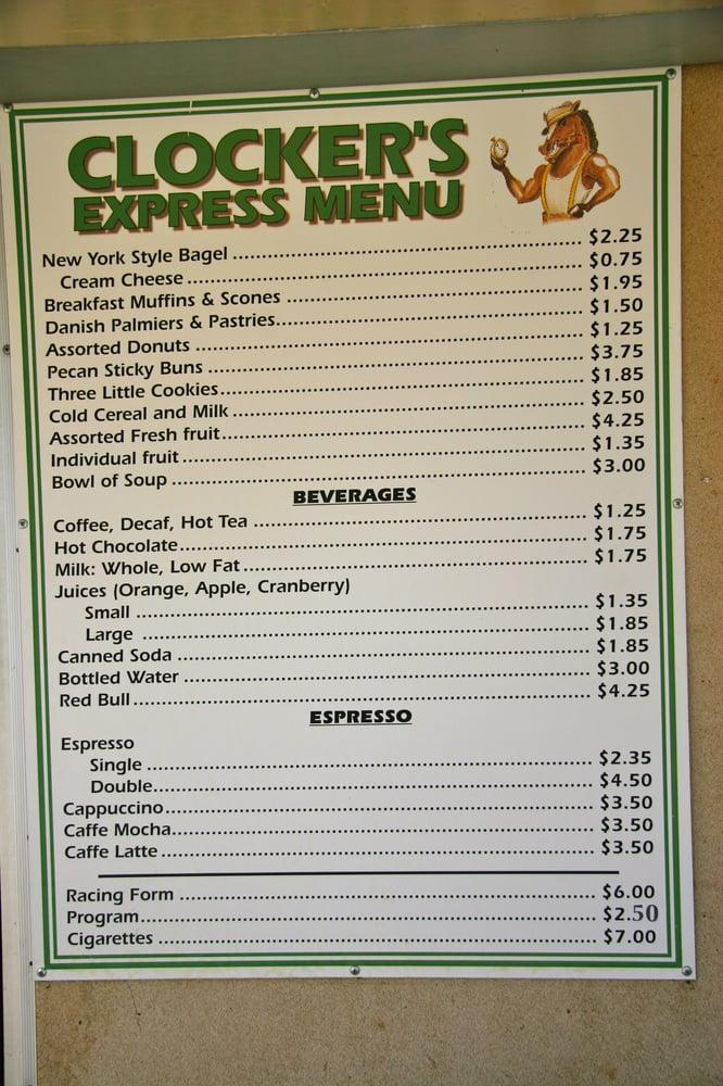 Menu at Clockers' Corner club, Arcadia