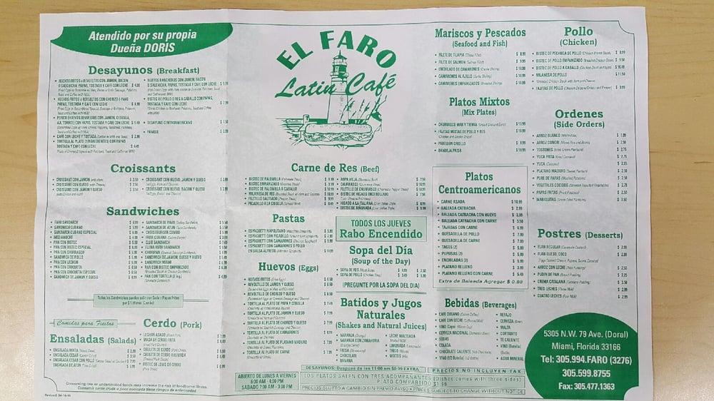 Menu at El Faro Latin Cafe, Doral