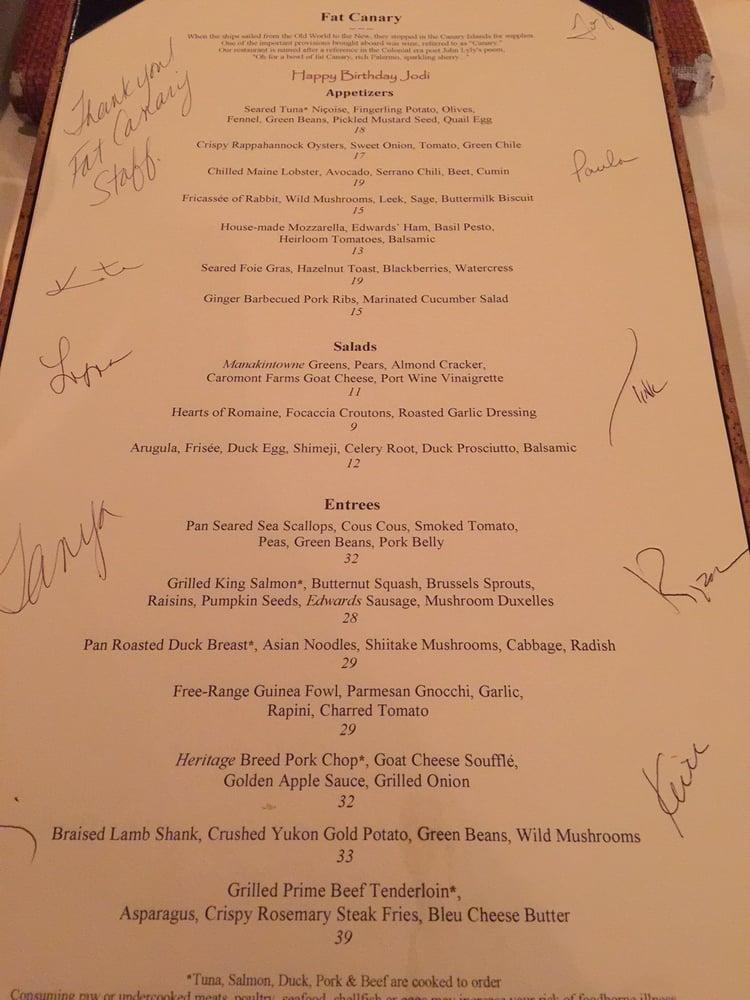 Menu at Fat Canary pub & bar, Williamsburg