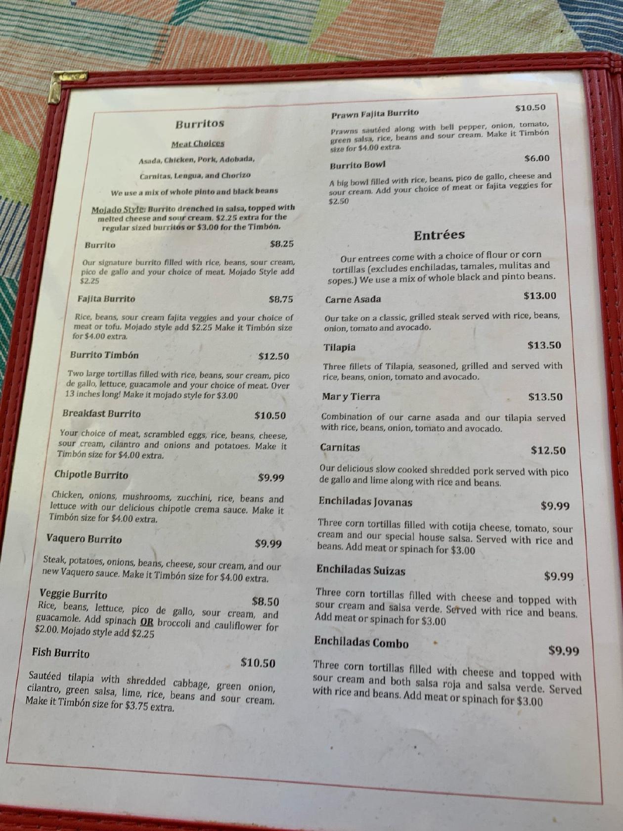 Carta del restaurante Fidelina's Taqueria, Ellensburg