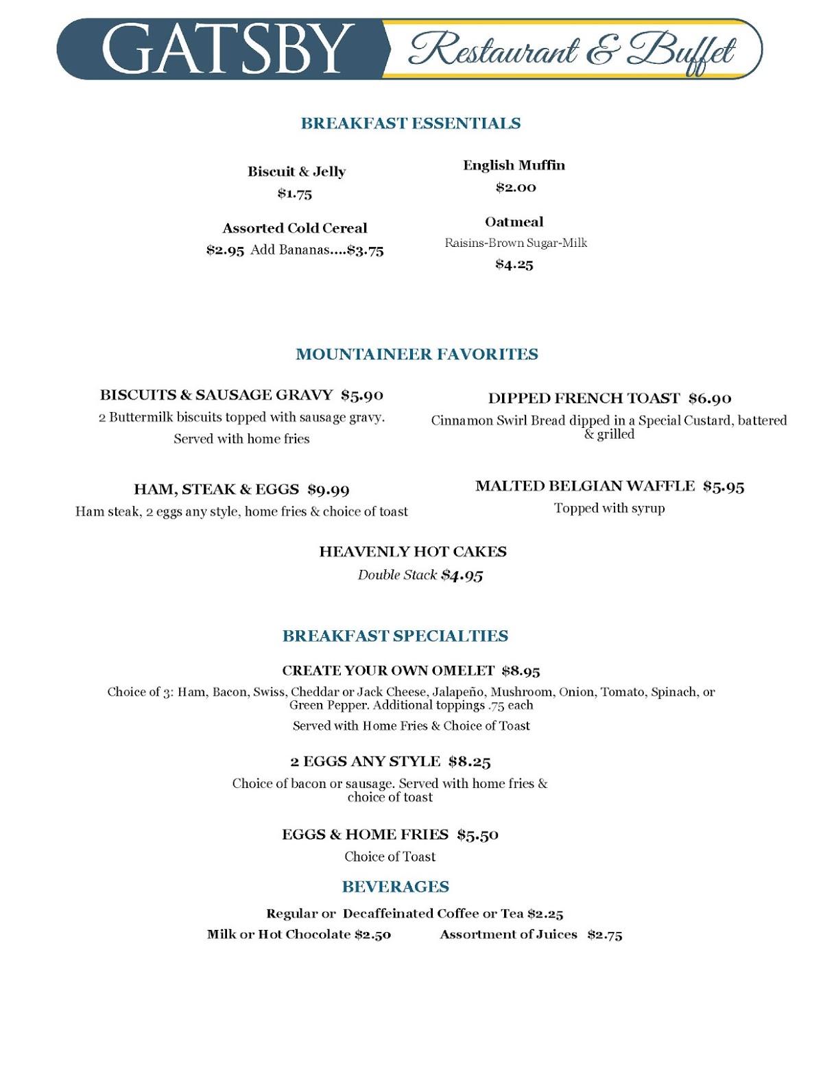 Menu at Gatsby Restaurant, Wellsville