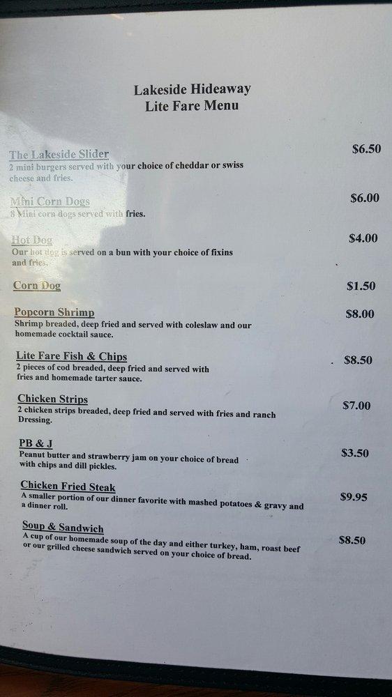 Menu at Lakeside Hideaway restaurant, Rockaway Beach