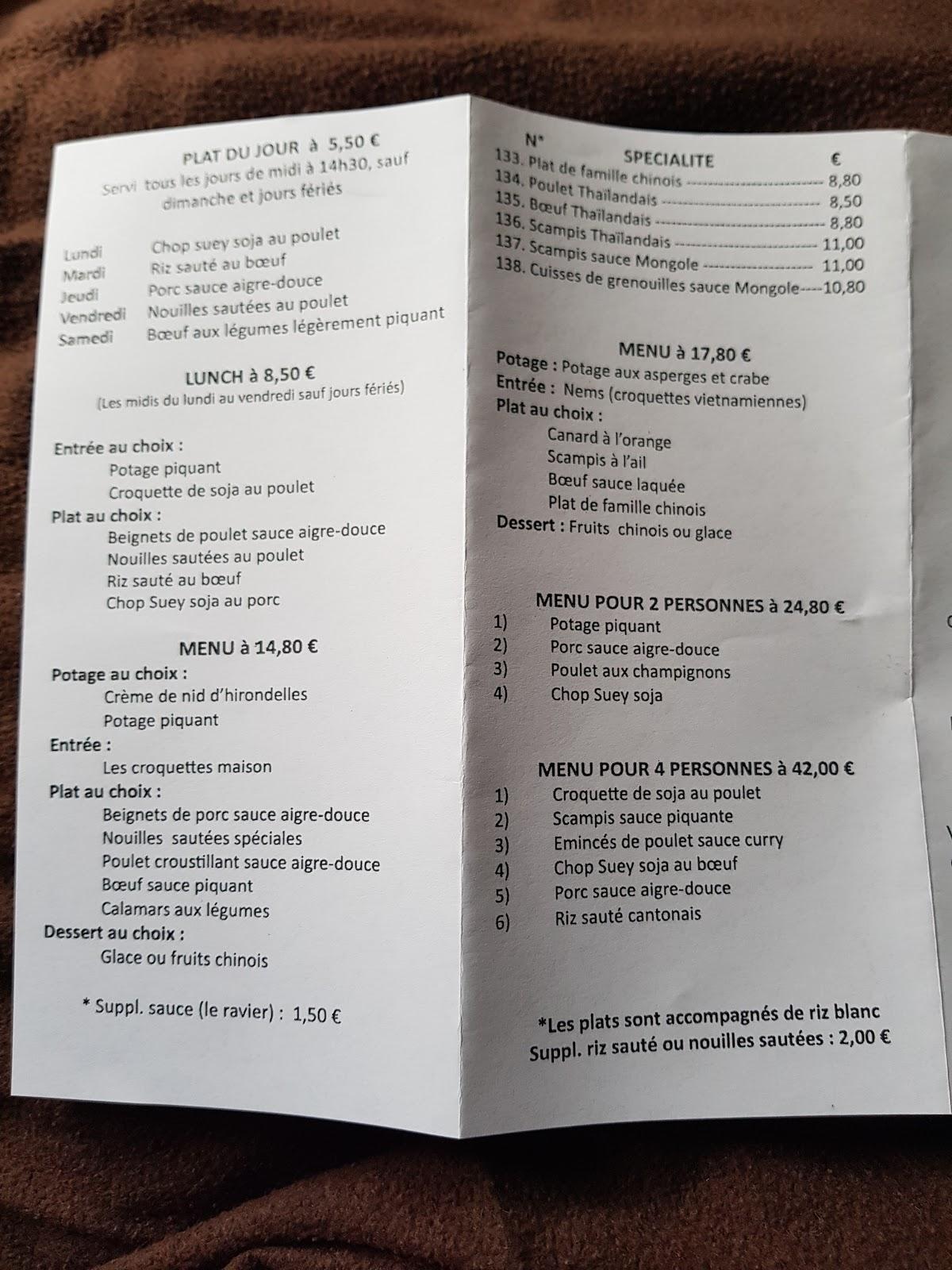 Menu au Le Village Chinois, Huy