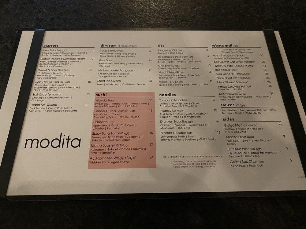 Menu at Modita restaurant, Indianapolis