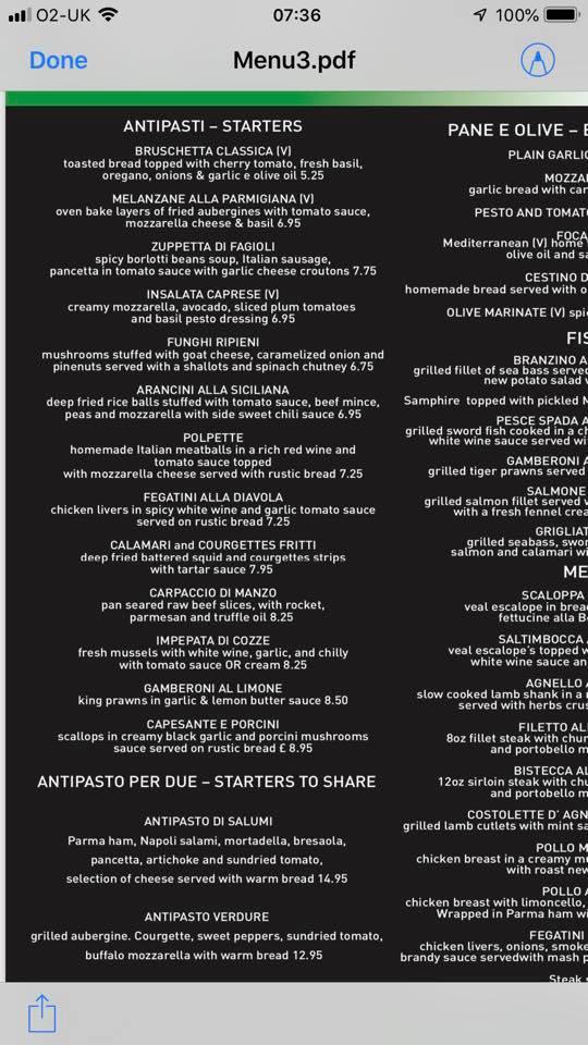 Menu at O'Sarracino restaurant, Sandy