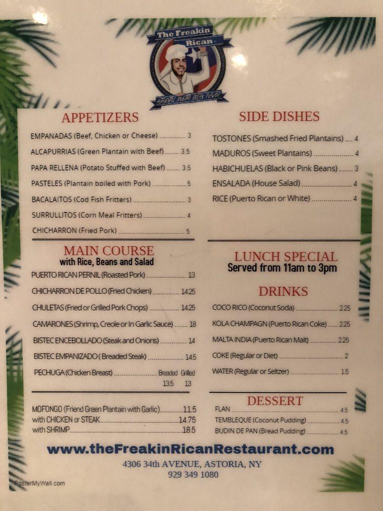 Menu at The Freakin Rican restaurant, New York City