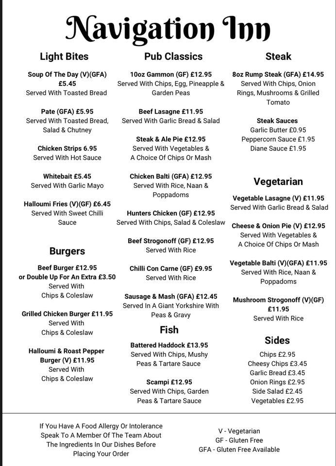 Menu at The Navigation Inn pub & bar, Henley-in-Arden