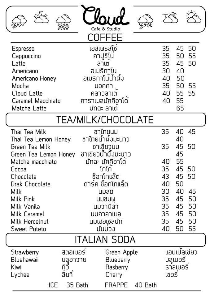 Menu at cloud cafe&studio, Hua Chang