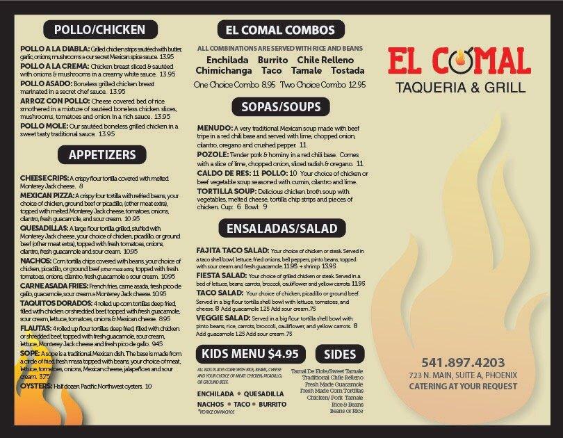 Menu at El Comal Taqueria and Grill (Phoenix Or) pub & bar, Phoenix