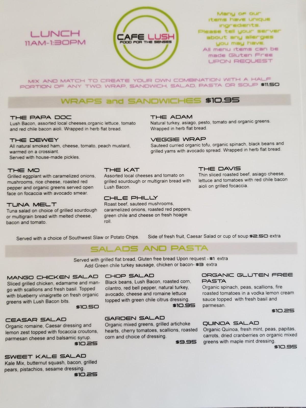 Menu at cafe lush, Albuquerque