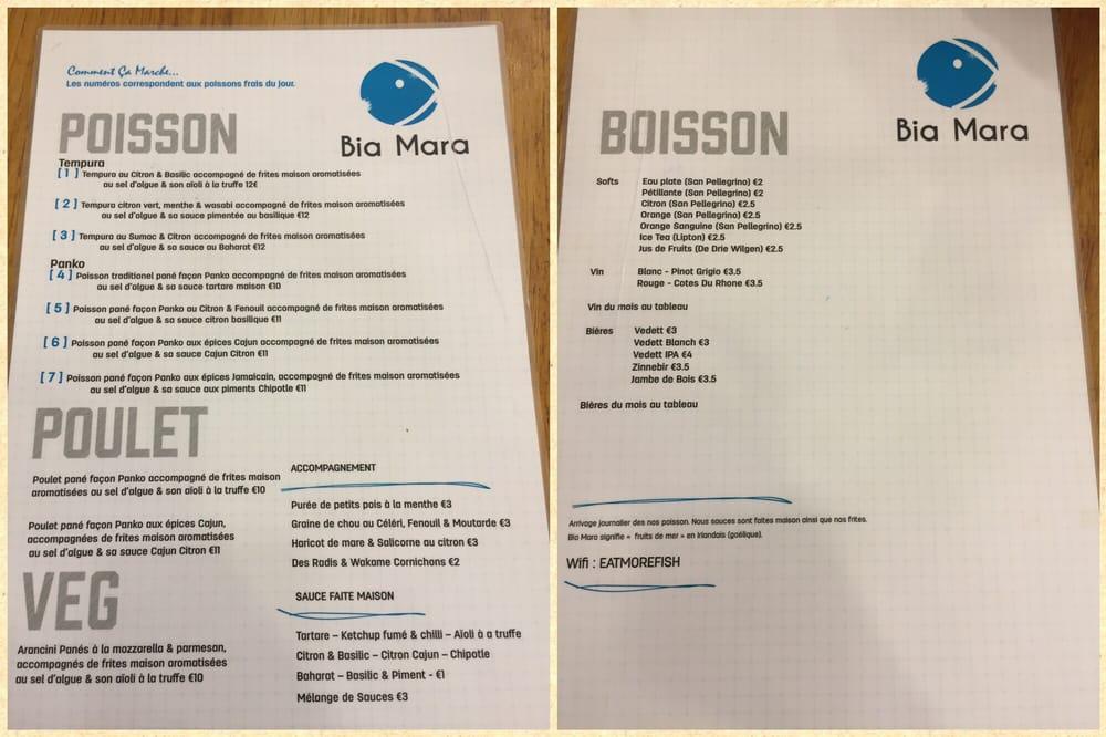 Menu at Bia Mara, Brussels, Rue du Marché aux Poulets 41