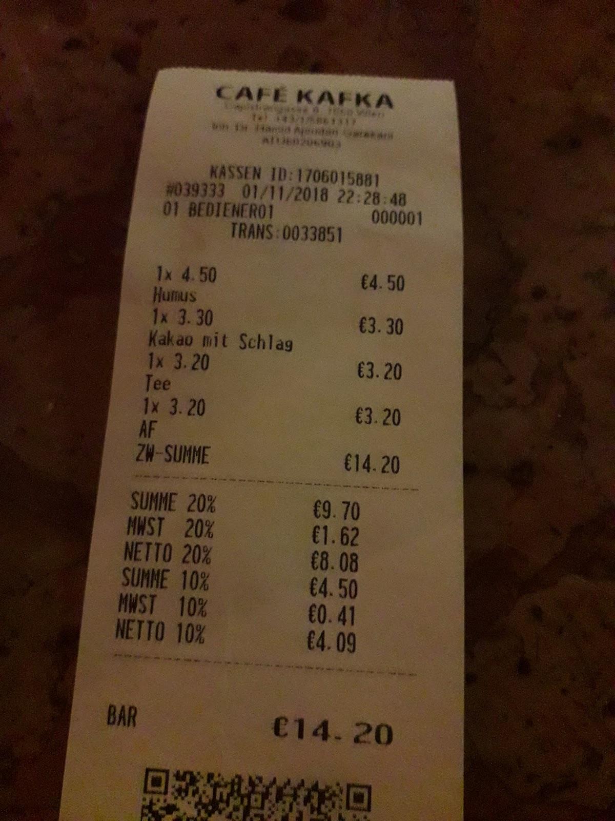 Speisekarte von Café Kafka cafe, Wien, Capistrangasse 8