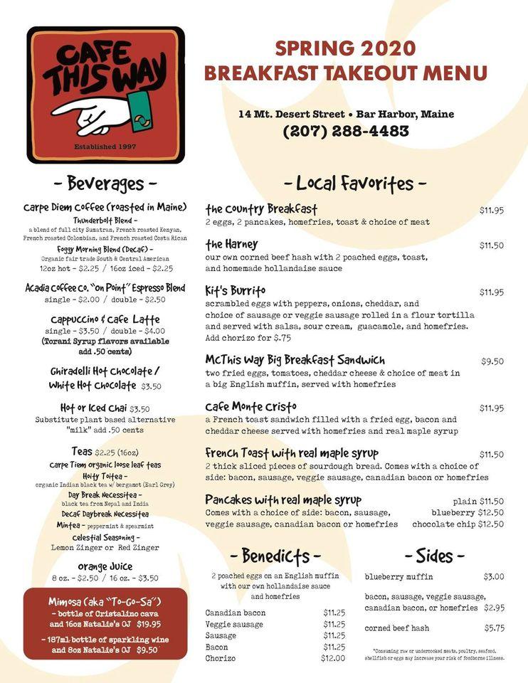 Menu at Cafe This Way, Bar Harbor, 14 Mt Desert St