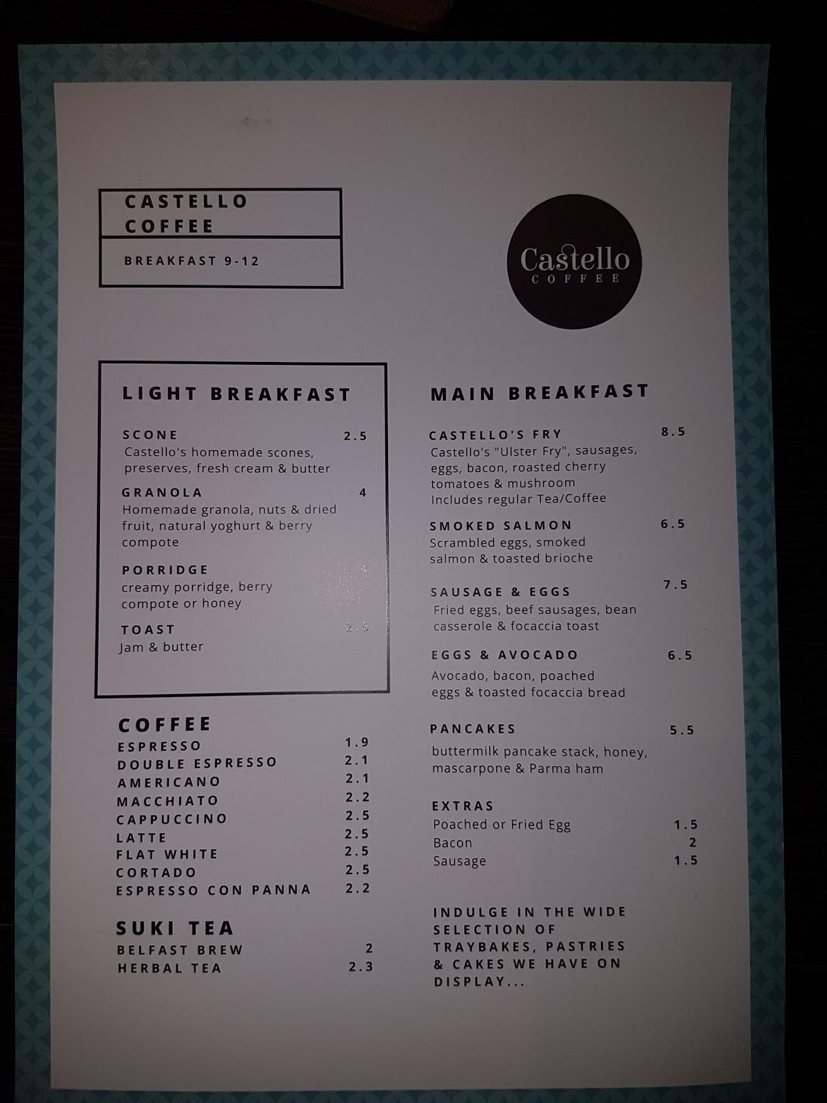 Menu at Castello Italia cafe, Carrickfergus