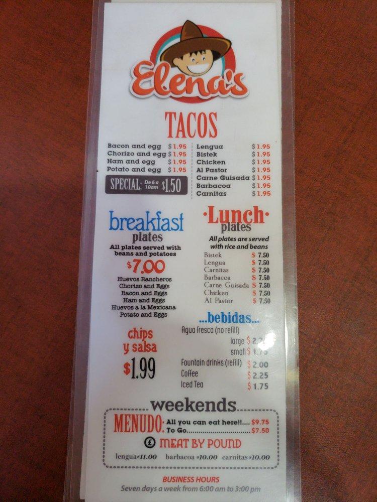 Menu at Elena's Taqueria restaurant, Farmers Branch