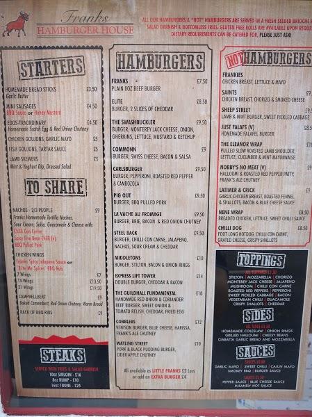Menu at Franks Hamburger House restaurant, Northampton, 21 Station Rd