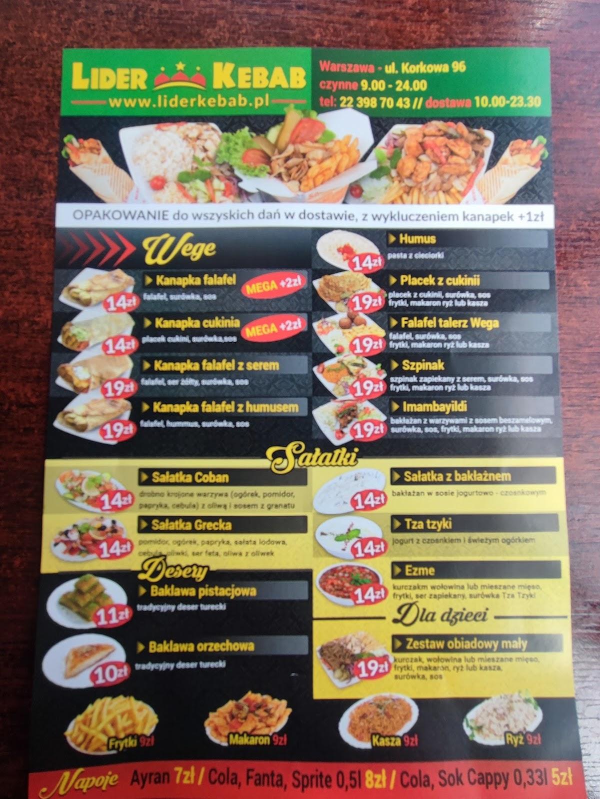 Menu at Lider Kebab Marysin Kebab na wynos Kuchnia turecka restaurant ...