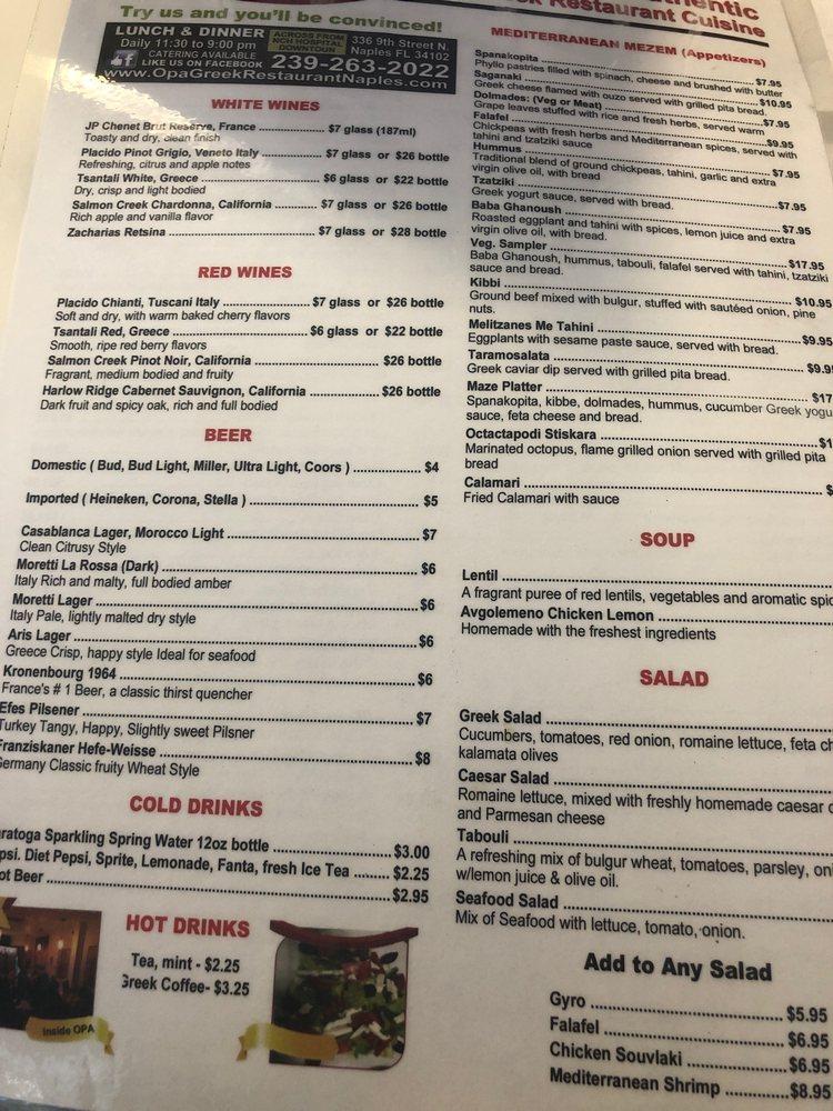 Menu at Opa Greek Restaurant, Naples, 336 9th St N