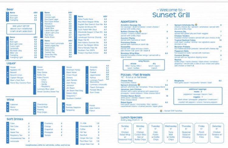 Menu at Sunset Grill pub & bar, Edinboro, 12670 Edinboro Rd