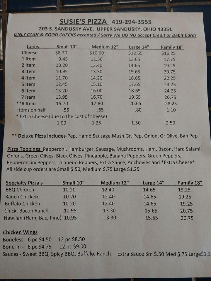 Menu at Susie's pizzeria, Upper Sandusky