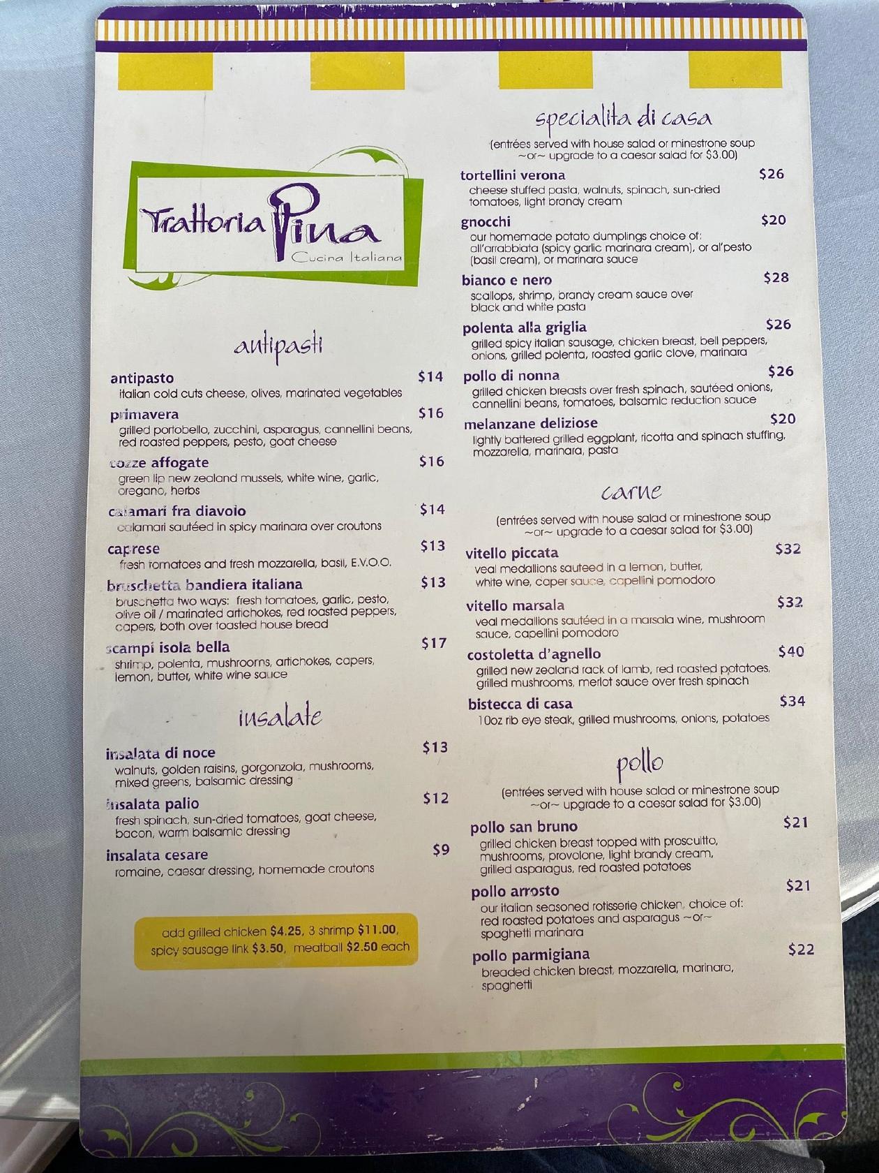 Menu at Trattoria Pina restaurant, Tucson, N Swan Rd