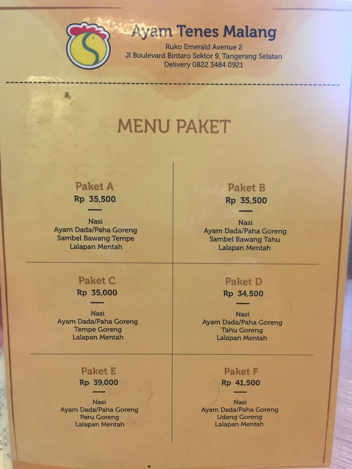 Menu at Ayam Tenes Malang restaurant, South Tangerang