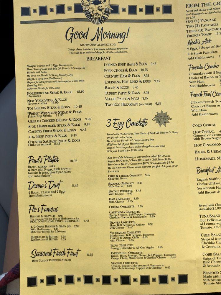 Menu at Flo's Airport Cafe, Chino