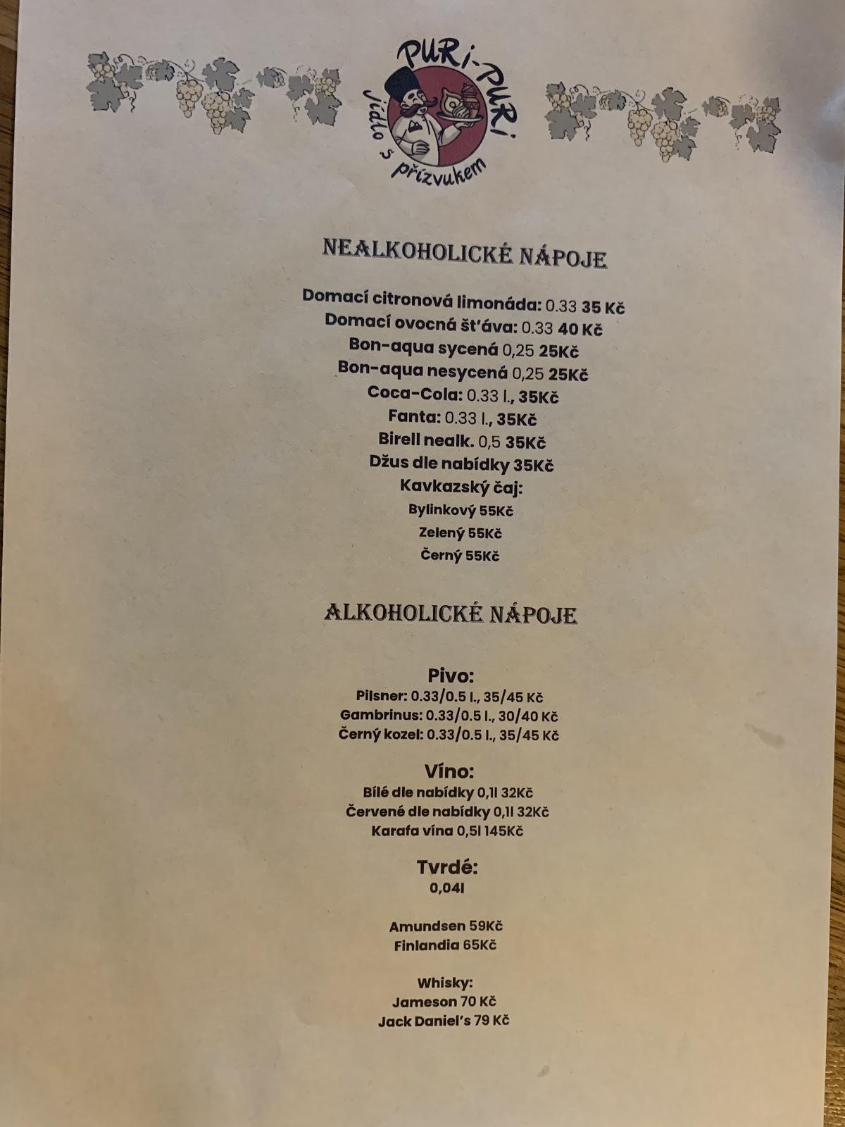 Menu at Puri-Puri restaurant, Czech Republic