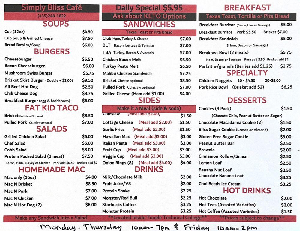 Menu at Simply Bliss BBQ (Cafe), Tooele