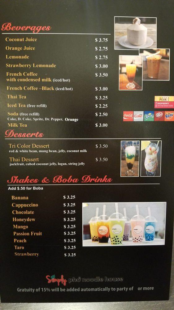 Menu at Simply Pho Noodle House restaurant, Orange