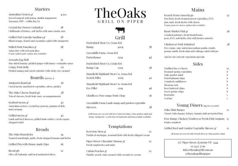 Menu at The Oaks Grill on Piper restaurant, Kyneton