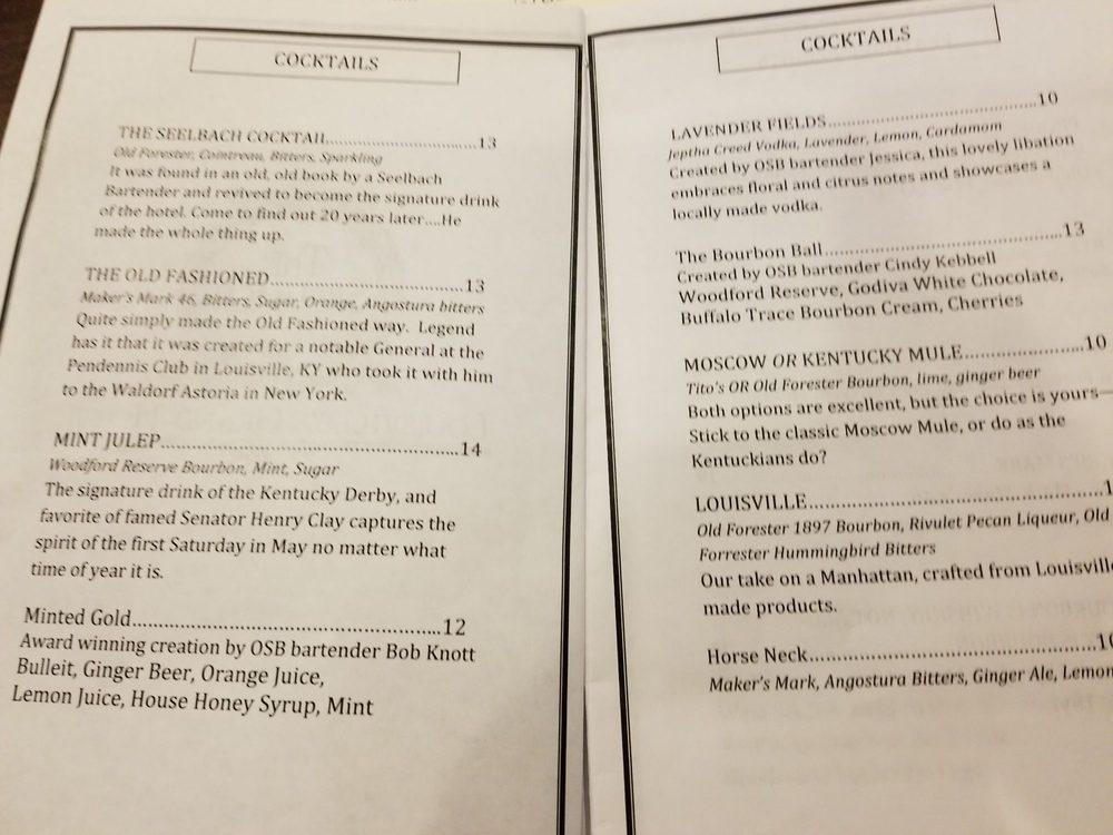 Menu at The Old Seelbach Bar, Louisville