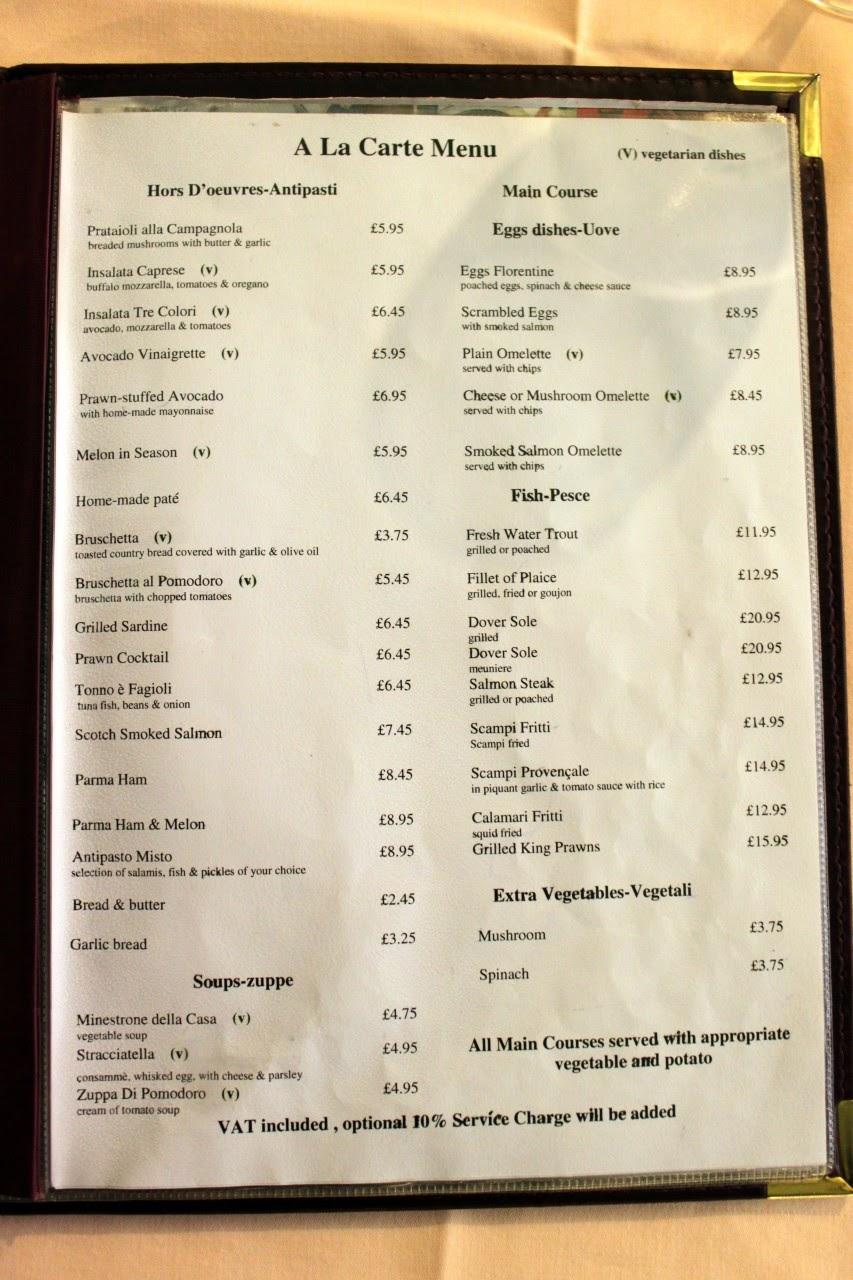 Menu at Trattoria Verdi restaurant, London