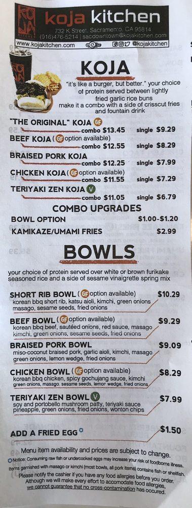 Menu at Koja Kitchen Sacramento pub & bar, Sacramento