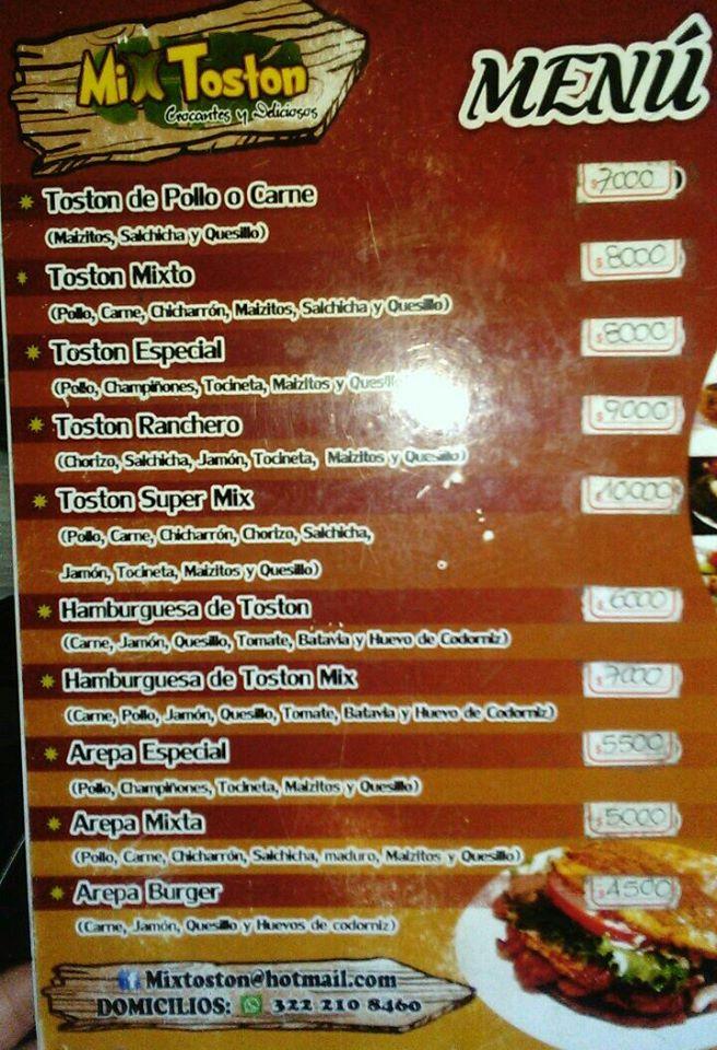 Menu at Mix Toston restaurant, Pereira