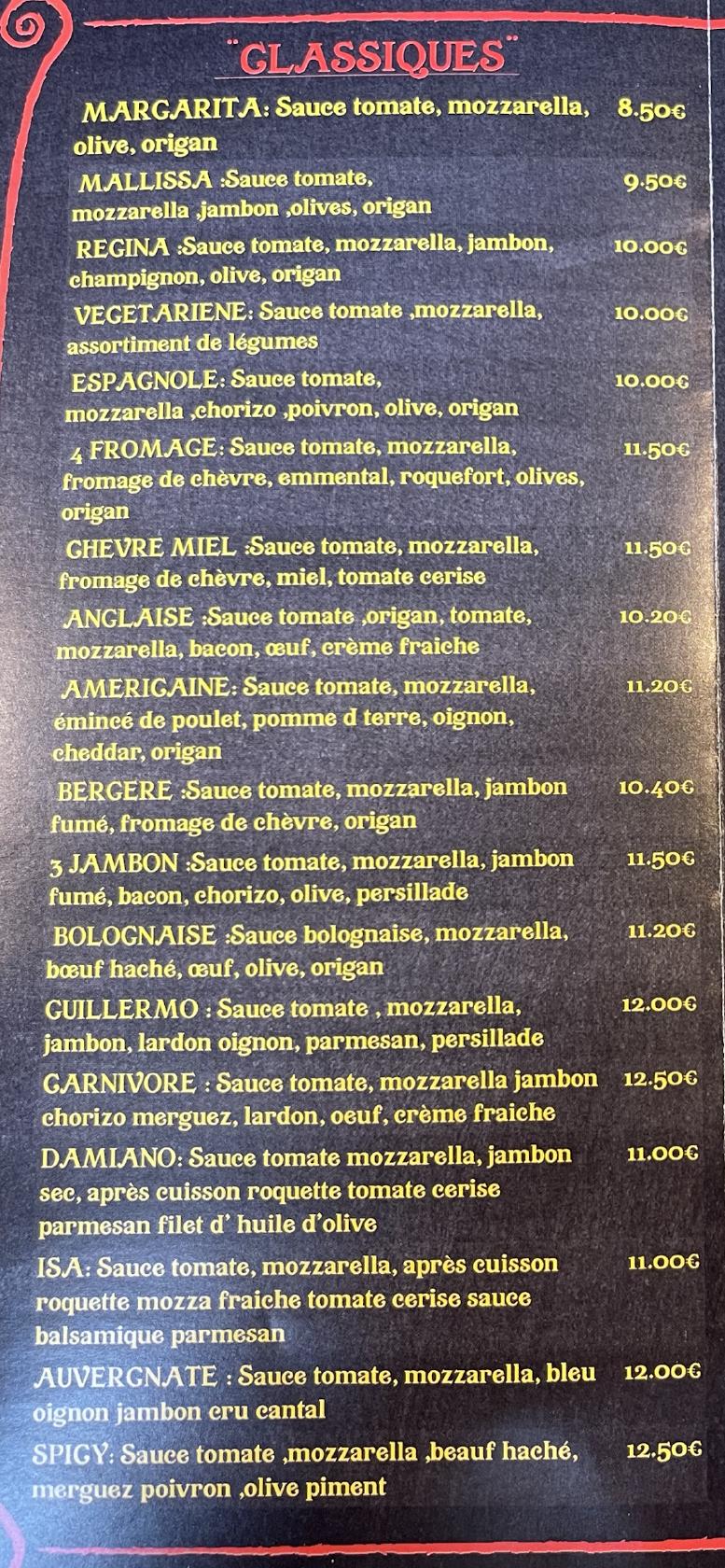 Menu au Pizza Damiano pizzeria, Chanonat