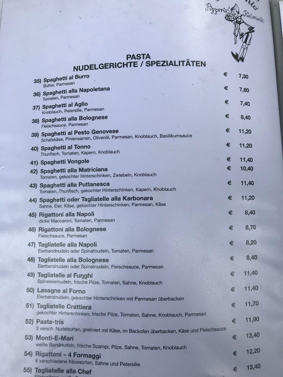 Menu at Pizzeria Pinocchio, Düsseldorf