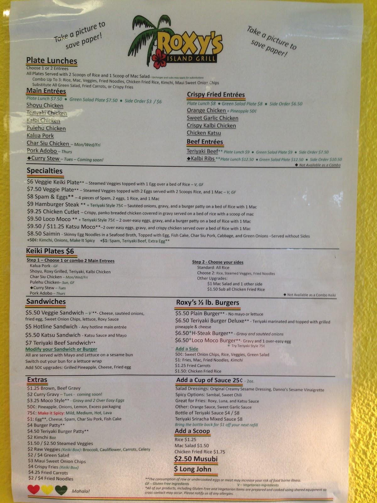 Menu at Roxy's Island Grill restaurant, Canby