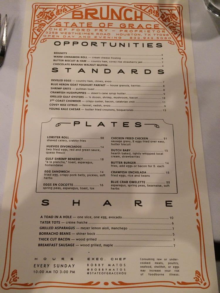 Menu at State of Grace restaurant, Houston, Westheimer Rd