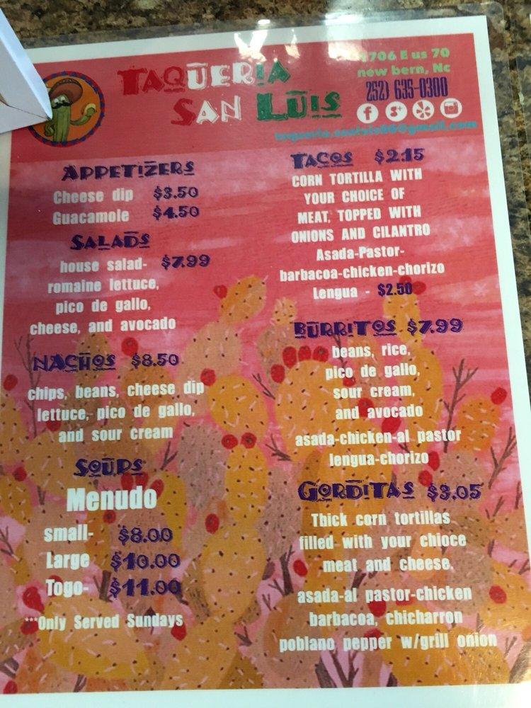 Menu at Taqueria San Luis restaurant, James City