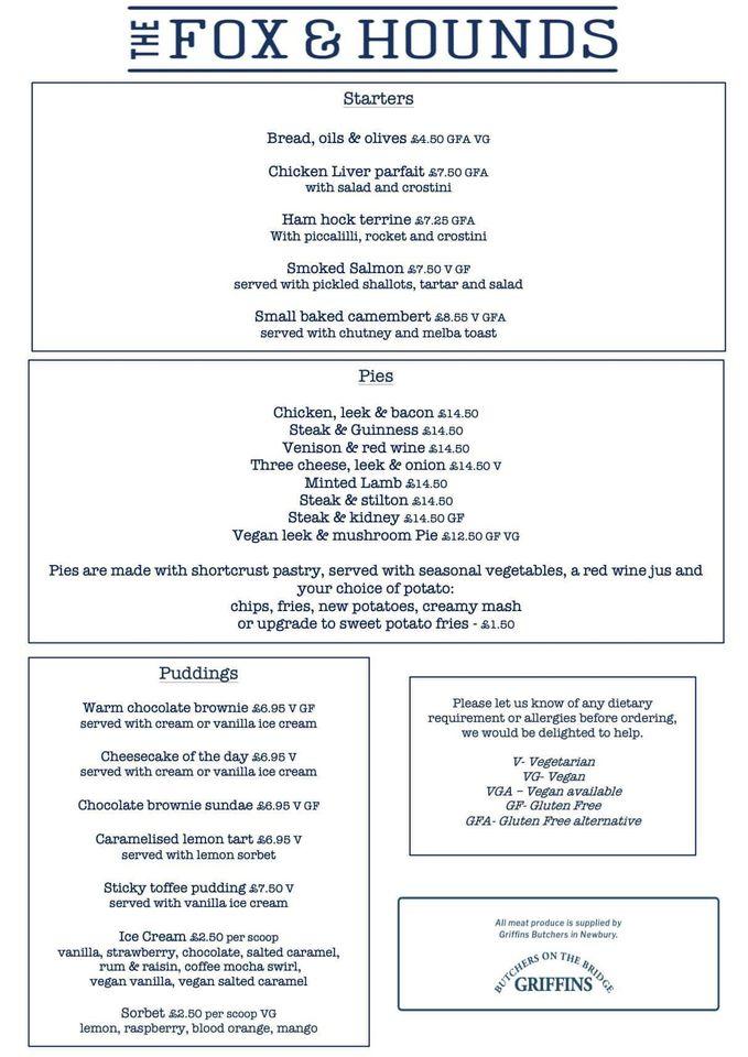 Menu at The Fox and Hounds pub & bar, Newbury